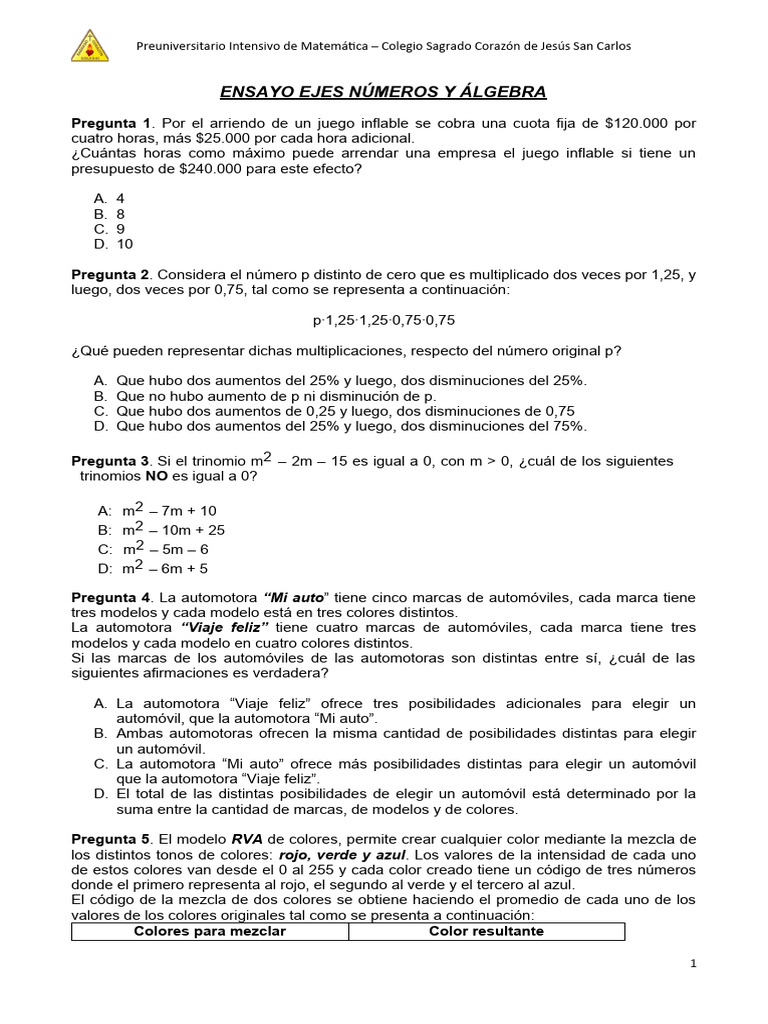 Prueba Eje Números y Algebra | PDF | Color | Porcentaje