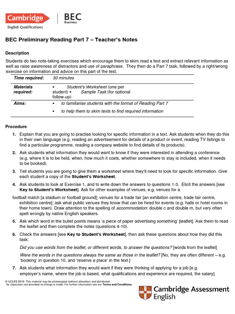 BEC Preliminary Reading Part 7 Guide | PDF | Question | Worksheet