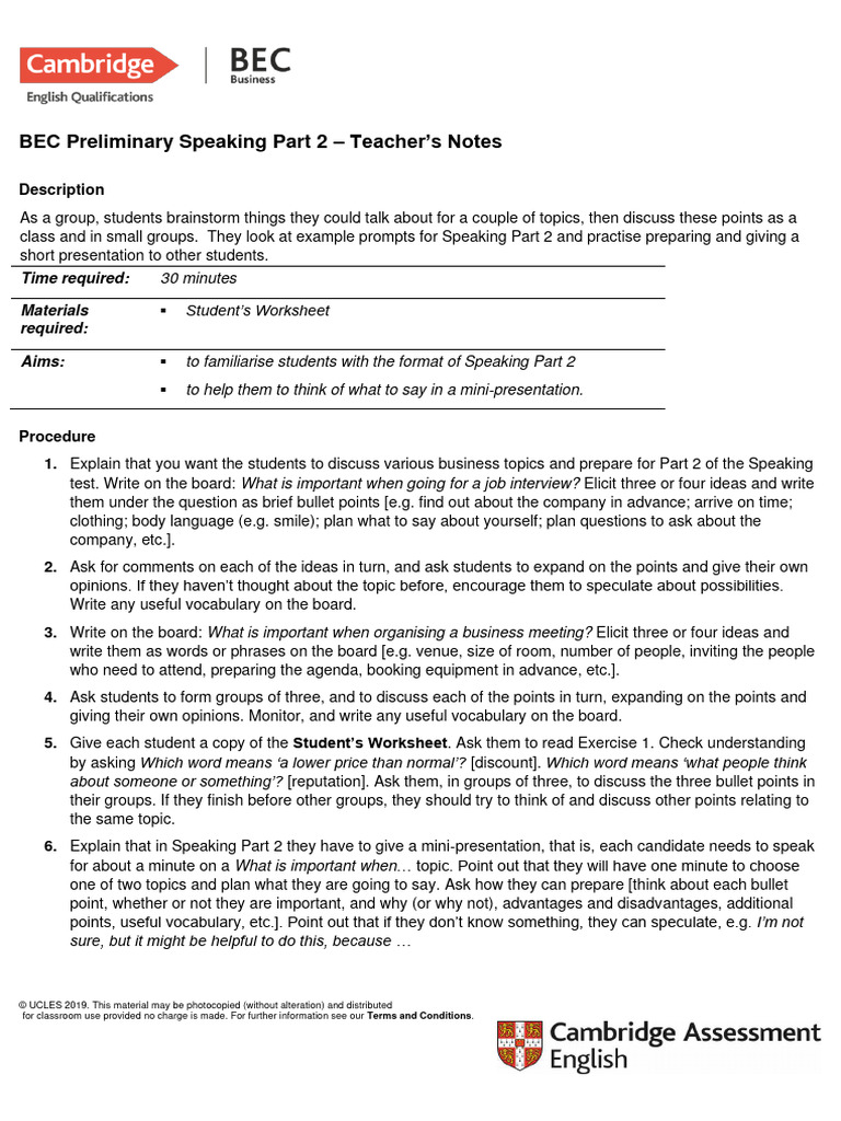 Cambridge English Business Preliminary Bec Preliminary Speaking Part 2 | PDF | Vocabulary ...