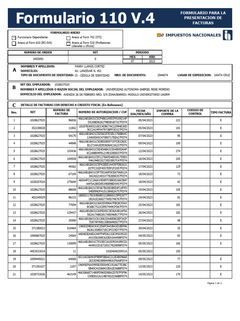 Modelo o Ejemplo de Formulario 110 | PDF