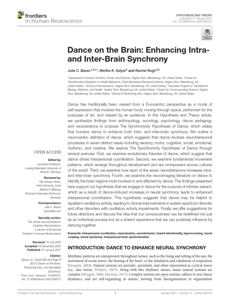 Dance On The Brain Enhancing Intra And Inter Brain Synchrony Pdf Neural Oscillation