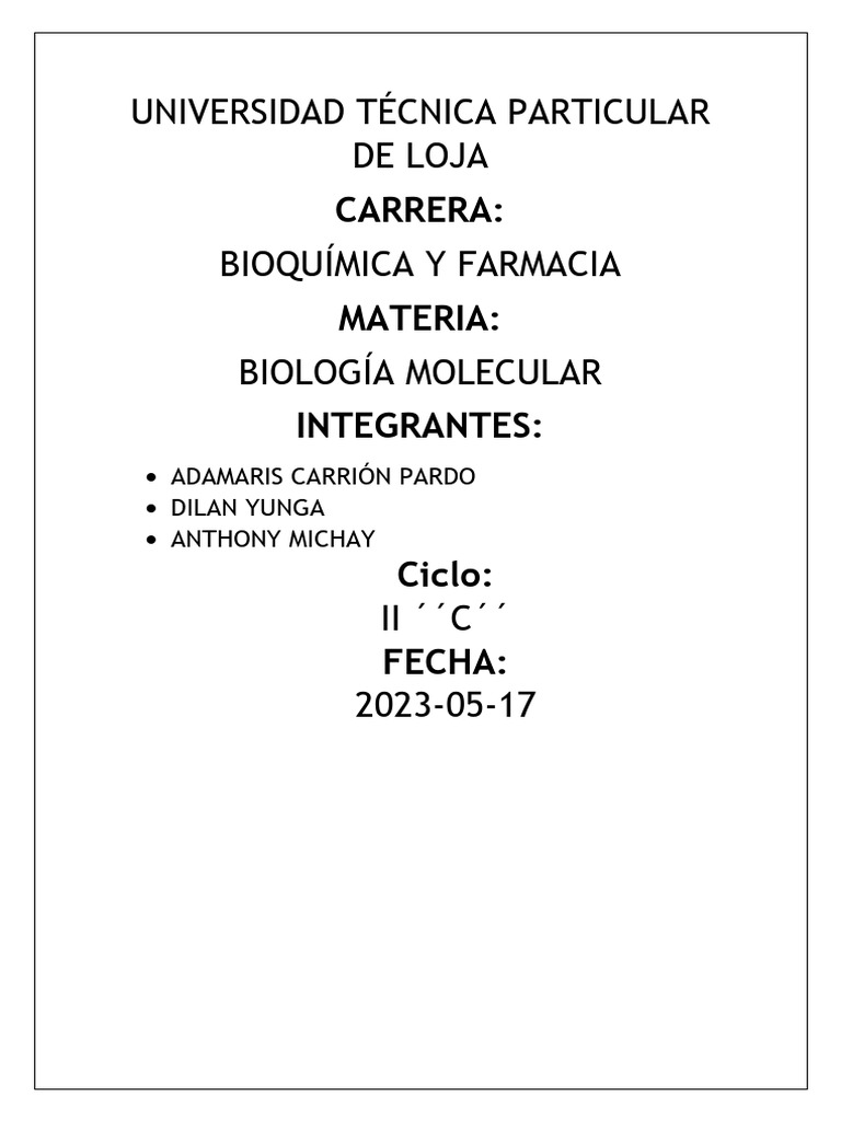 Trabajo Grupal 3 Biologia Molecular | PDF | Cofactor (Bioquímica) | Enzima Trabajo Grupal 3 Biologia Molecular | PDF | Cofactor (Bioquímica) | Enzima