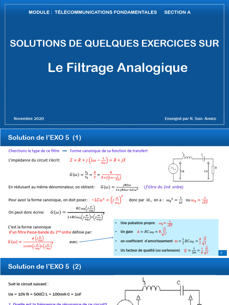 Exercices Corrigés sur Filtres Analogiques | PDF | Filtre (électronique ...