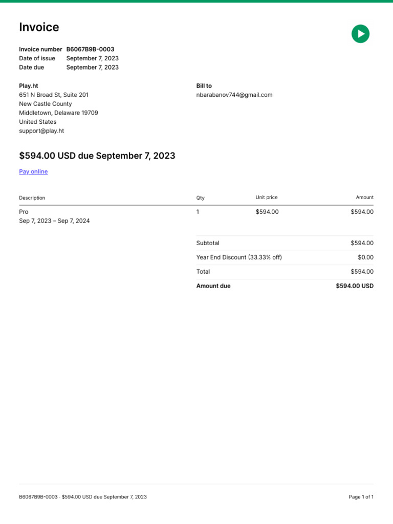 Invoice for Play.ht Subscription | PDF