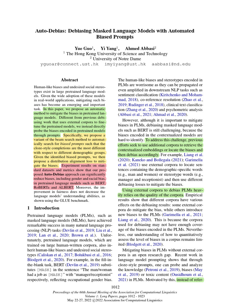 Auto-Debias: Debiasing Masked Language Models With Automated Biased Prompts | Download Free PDF ...