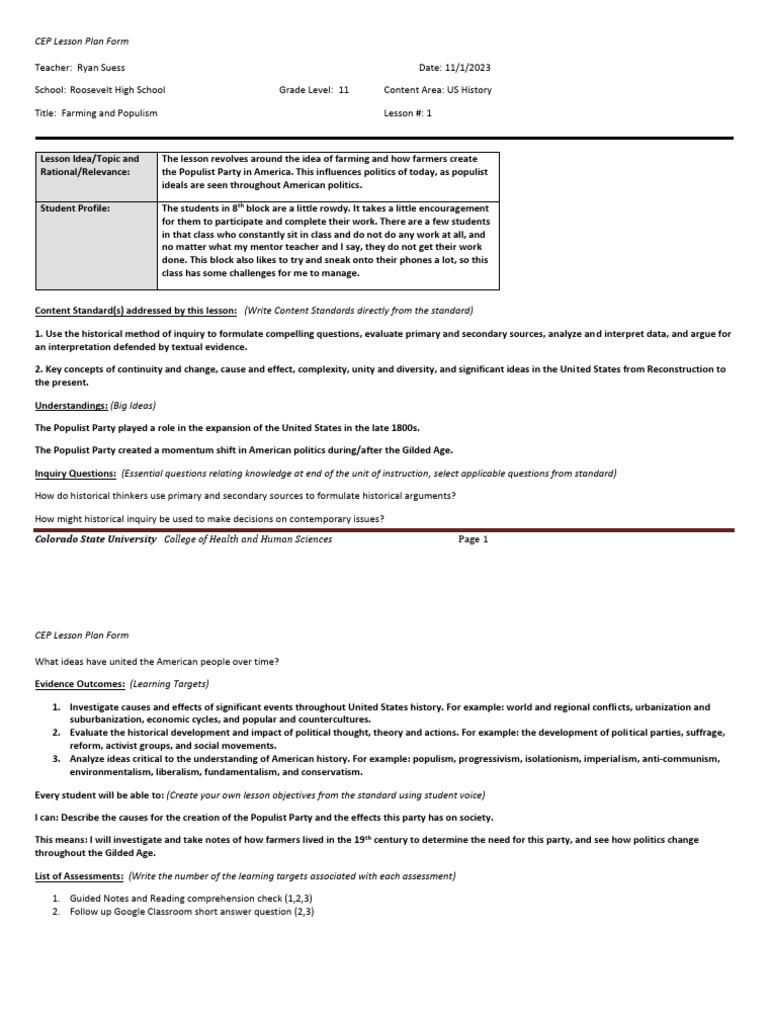 Farming and Populism in US History | PDF | Lesson Plan | Populism