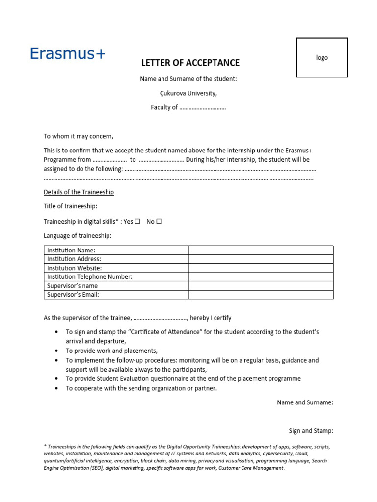 Erasmus Traineeship Sample Acceptance Letter 2021 | PDF | Career ...