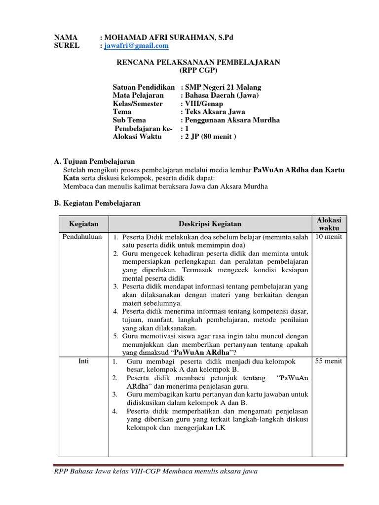 RPP Bahasa Jawa Kelas VIII | PDF | Karier & Perkembangan