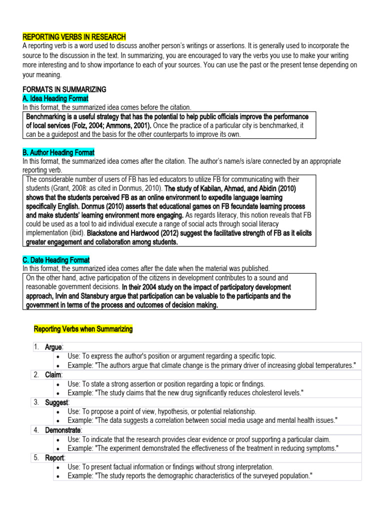Reporting Verbs for Researchers | PDF | Hypothesis | Academic Publishing