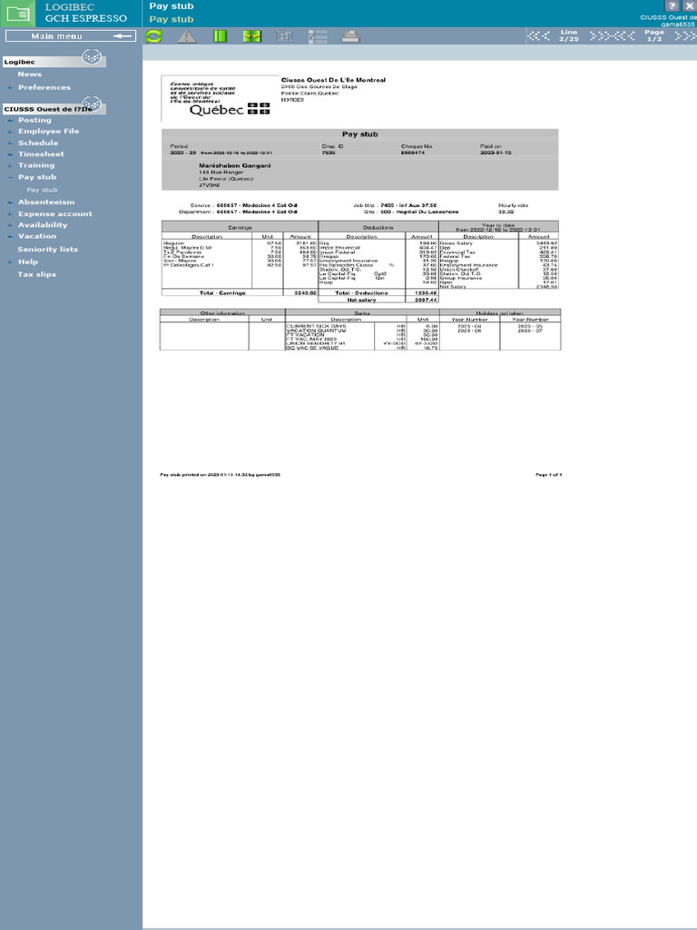 Logibec Pay Stub and Employee Info | PDF