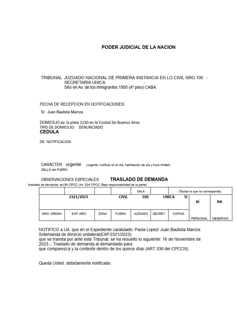 Cedula de Notificacion | PDF | Demanda judicial | Justicia Cedula de Notificacion | PDF | Demanda judicial | Justicia