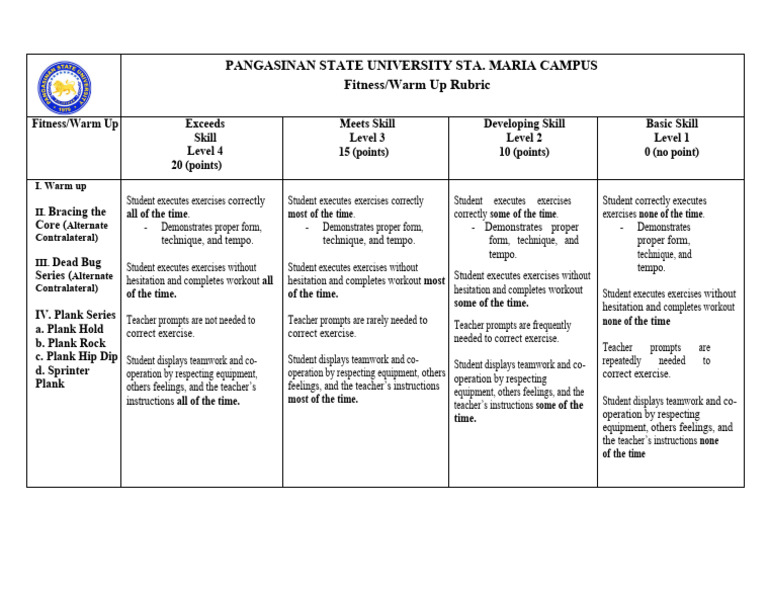 Fitness Warm-Up Assessment Rubric | PDF | Physical Exercise | Physical ...