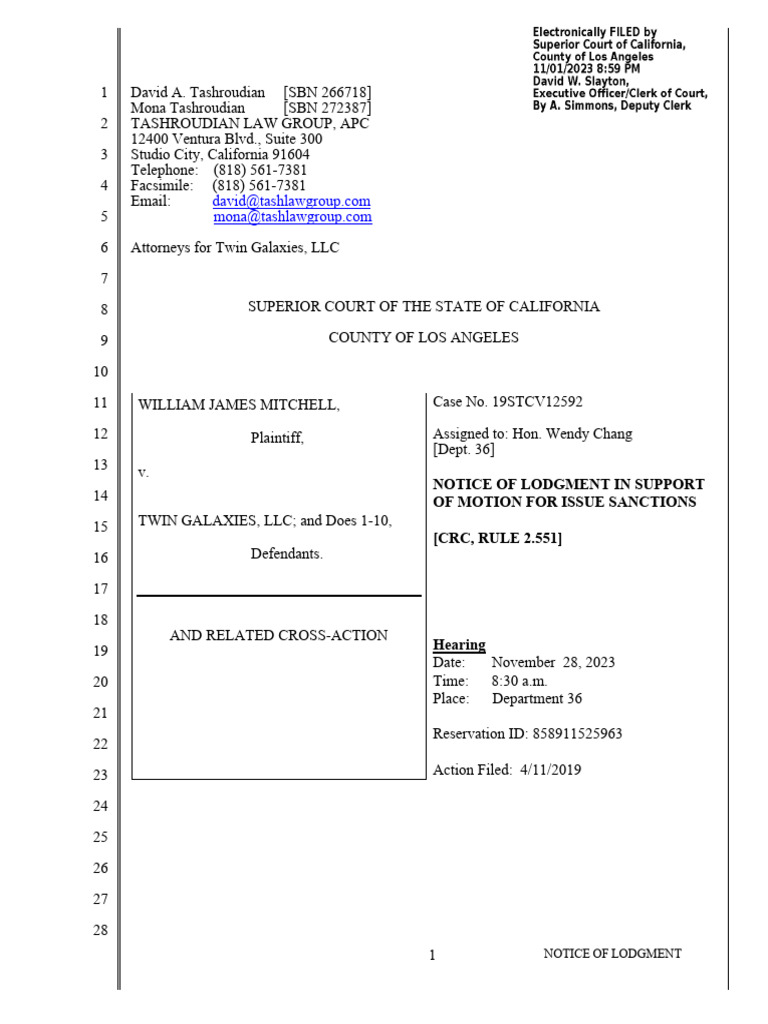 Legal Billy Vs TG 2023-11-01 TG Notice of Lodging Sanctions | PDF ...