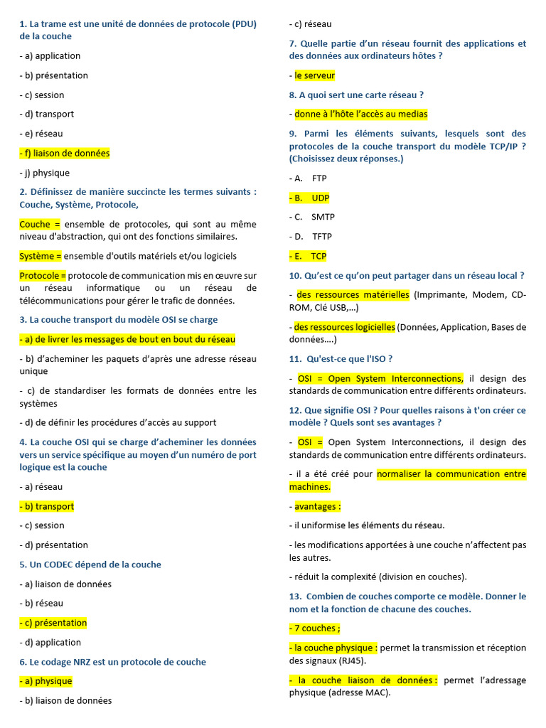 QCM Reseau Correction | PDF | Réseau informatique | Modèle OSI