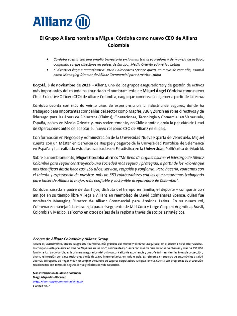 Nuevo CEO de Allianz Colombia | PDF | Colombia | Business