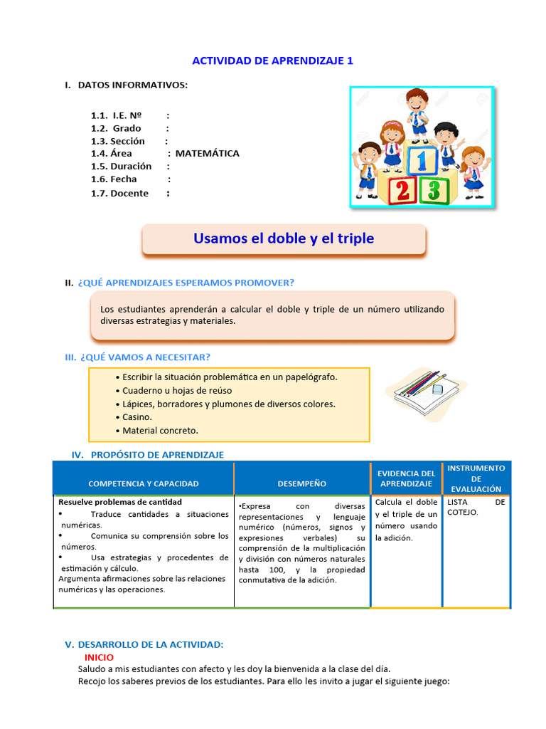 D1 A2 SESION Usamos El Doble y El Triple | PDF | Evaluación