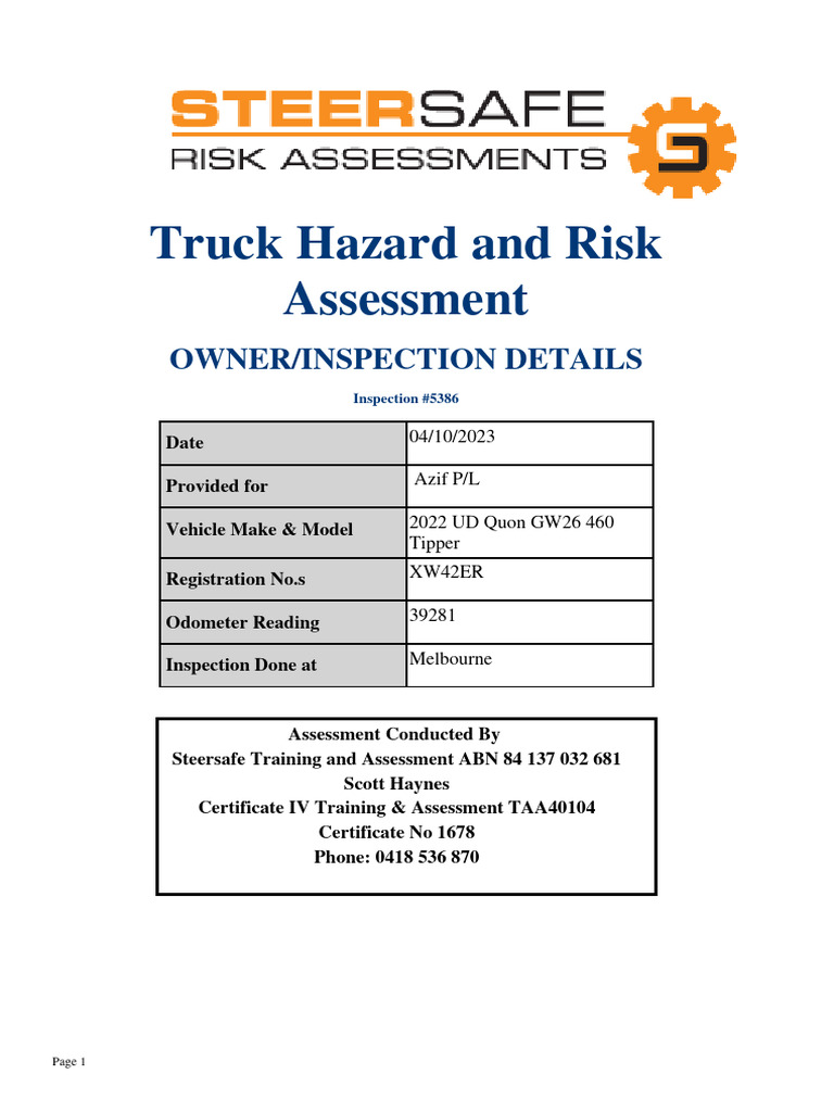 Risk Assessment For XW42ER | PDF | Truck | Noise