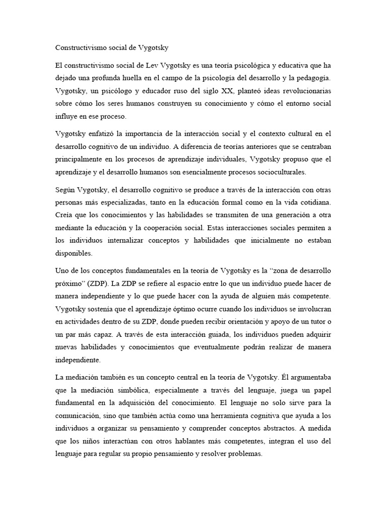 Constructivismo Social de Vygotsky | PDF | Constructivismo (filosofía de la educación) | Aprendizaje