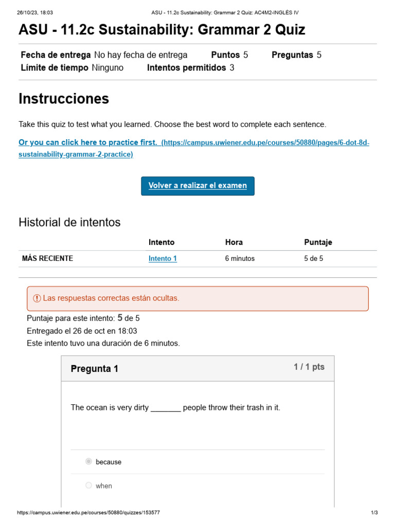 ASU - 11.2c Sustainability - Grammar 2 Quiz - AC4M2-InGLÉS IV | PDF