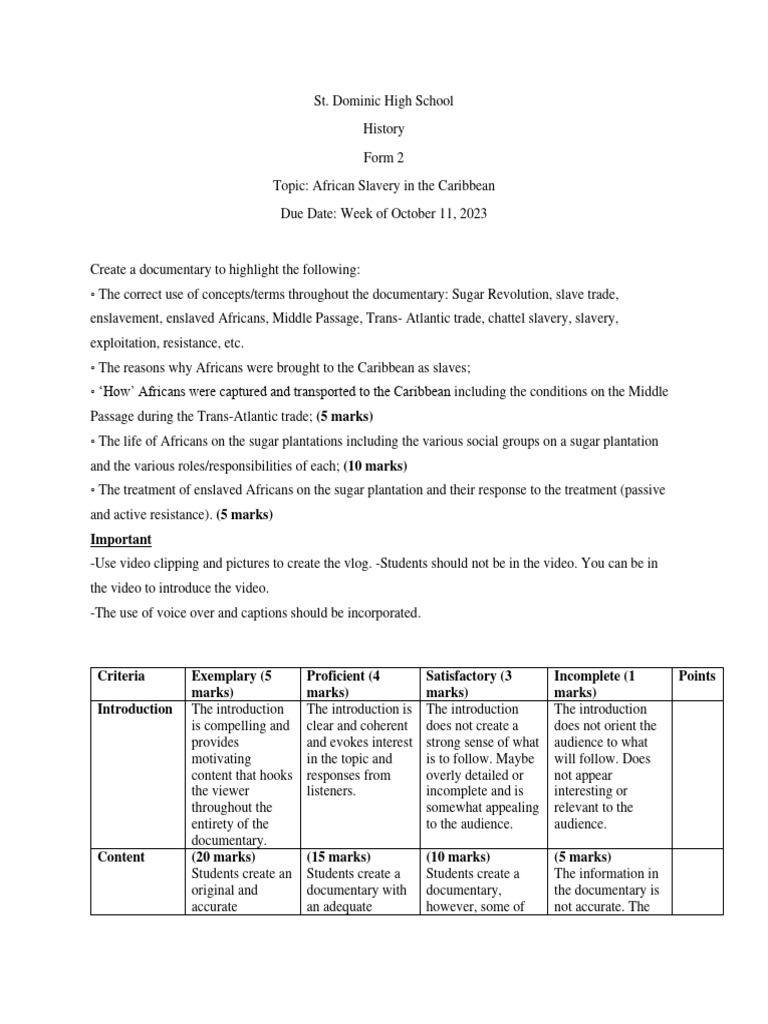 Slavery Documentary Rubric | PDF | Atlantic Slave Trade | Slavery