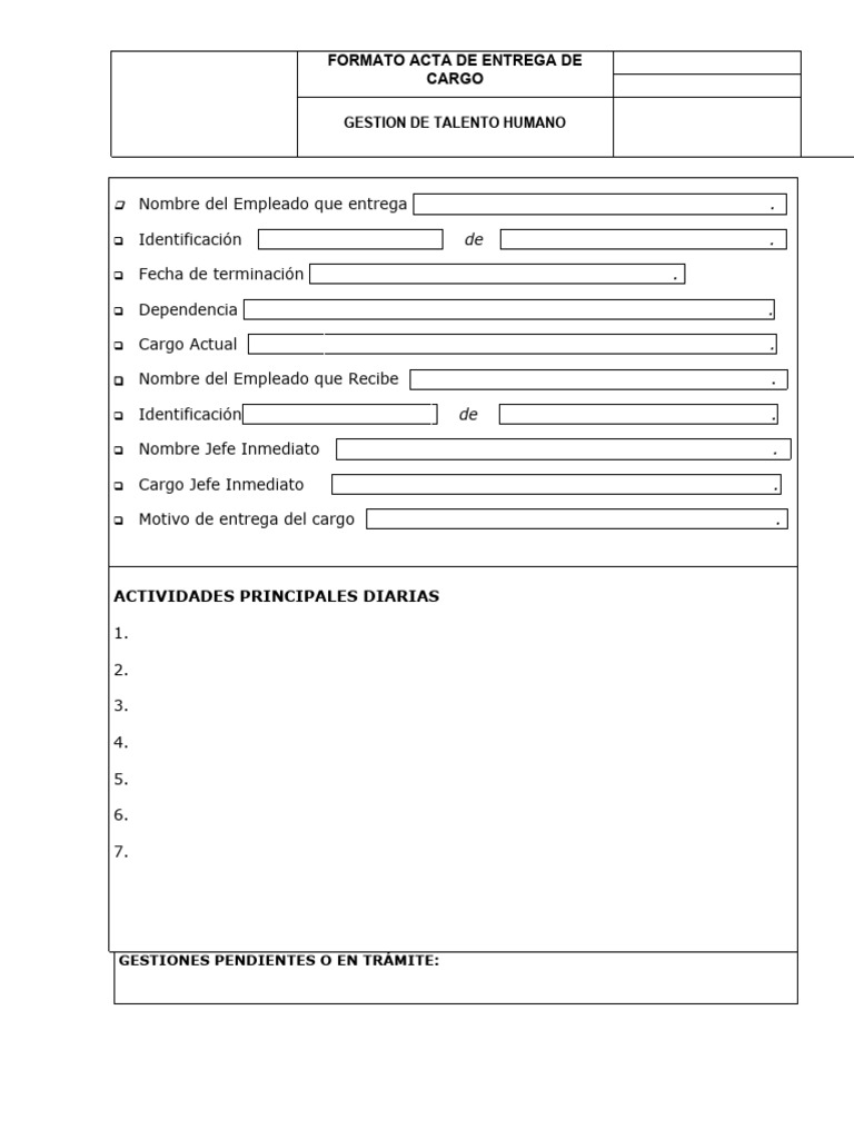 Formato de Acta de Entrega de Cargo Por Terminacion de Contrato | PDF ...