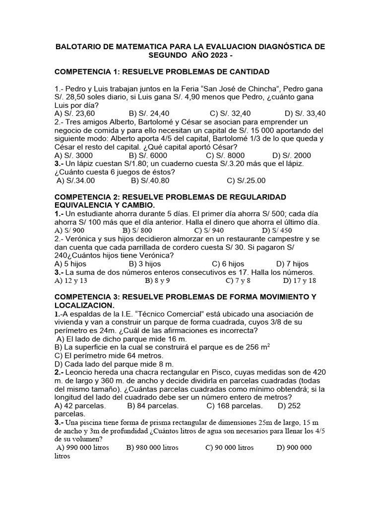 Balotario de Matematica para La Evaluacion Diagnóstica de Segundo Año ... Balotario de Matematica para La Evaluacion Diagnóstica de Segundo Año ...