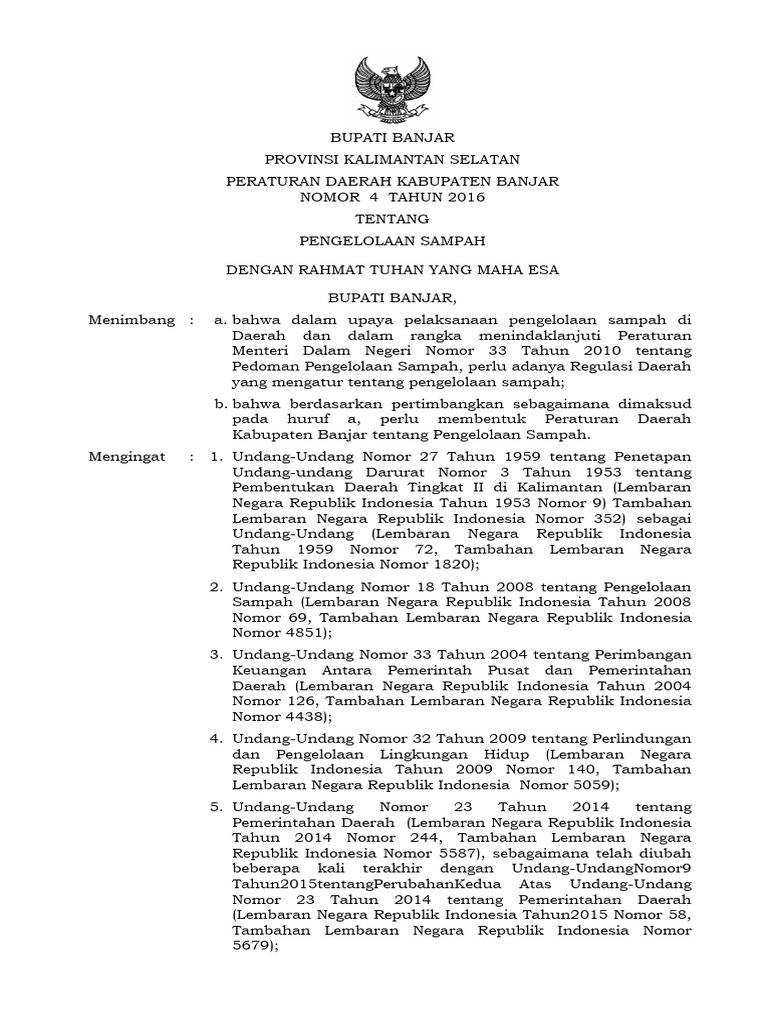 Perda Kab Banjar TTG Pengelolaan Sampah | PDF