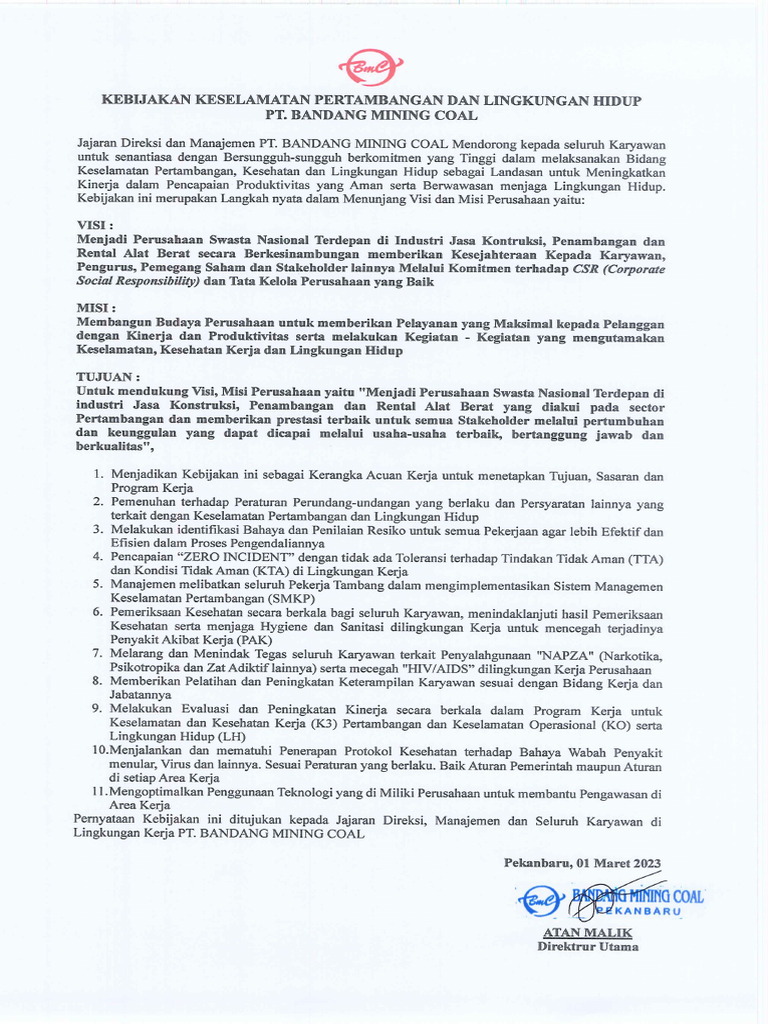 Kebijakan Keselamatan Pertambangan & Lingkungan Hidup BMC | PDF