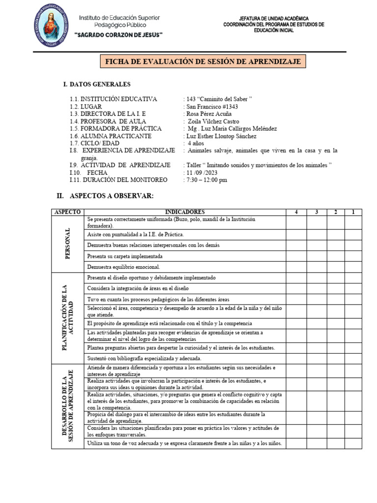 Ficha de Evaluación de Sesión de Aprendizaje: I. Datos Generales | Descargar gratis PDF ...