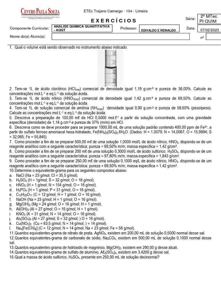 EXERCÍCIOS AQQT 2º MTec PI QUIM 1º SEM 2023 | PDF | Química | Titulação