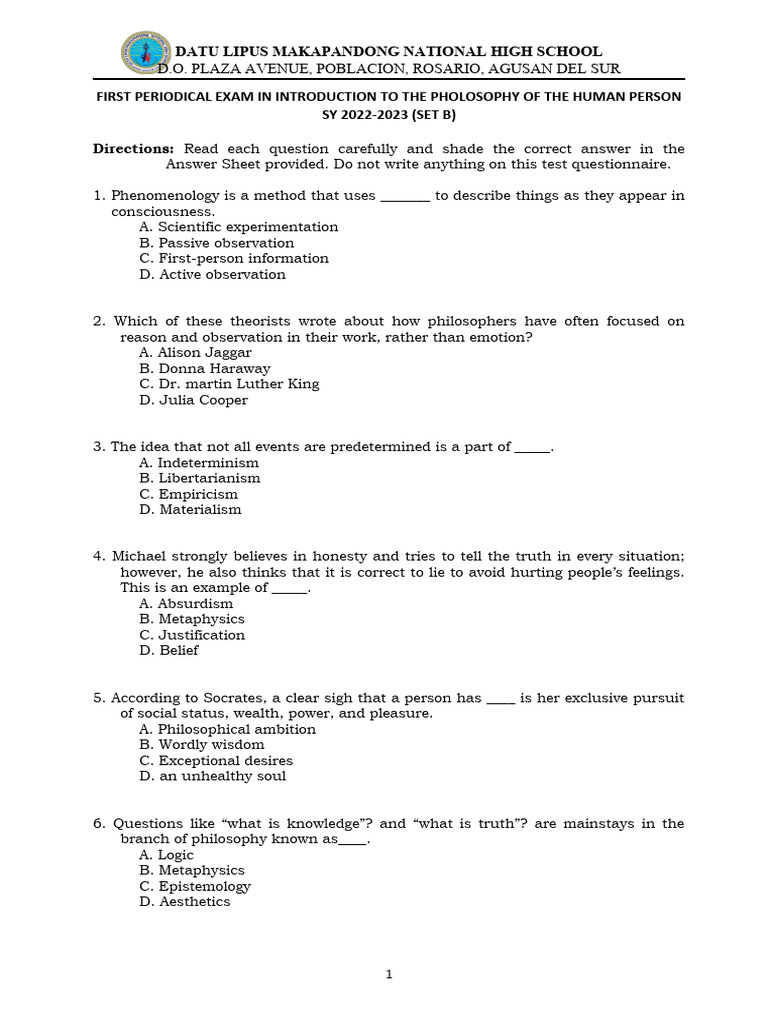 Philosophy Exam 1st Quarter (Set B) | PDF | Epistemology | Metaphysics