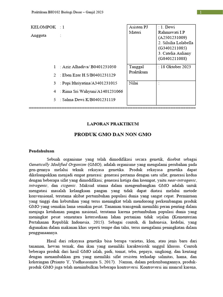 Laporan Praktikum GMO BIO102 | PDF | Kesehatan Holistik