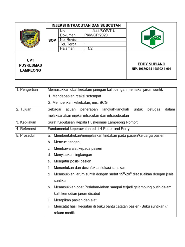 Sop Injeksi Intracutan Dan Subcutan | PDF