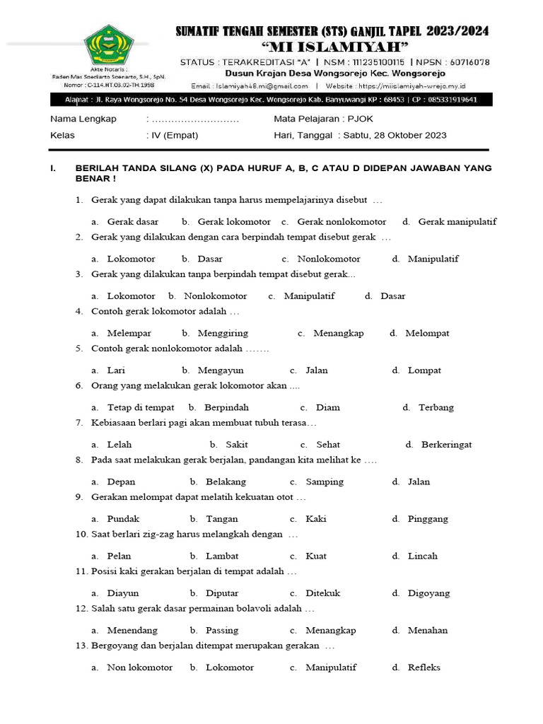 PTS Ganjil-Pjok Kelas 4 Dan Kunci Jawaban | PDF | Olahraga & Rekreasi