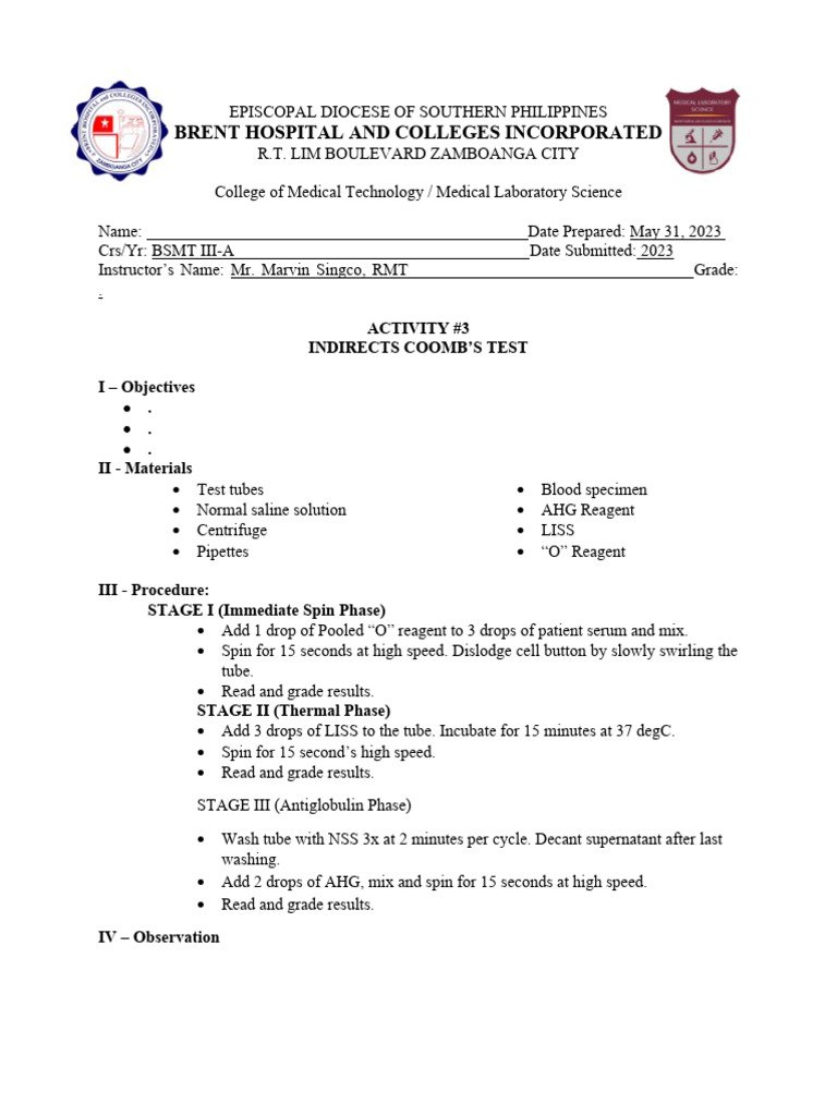 Indirect Coomb's Test Procedure Guide | PDF