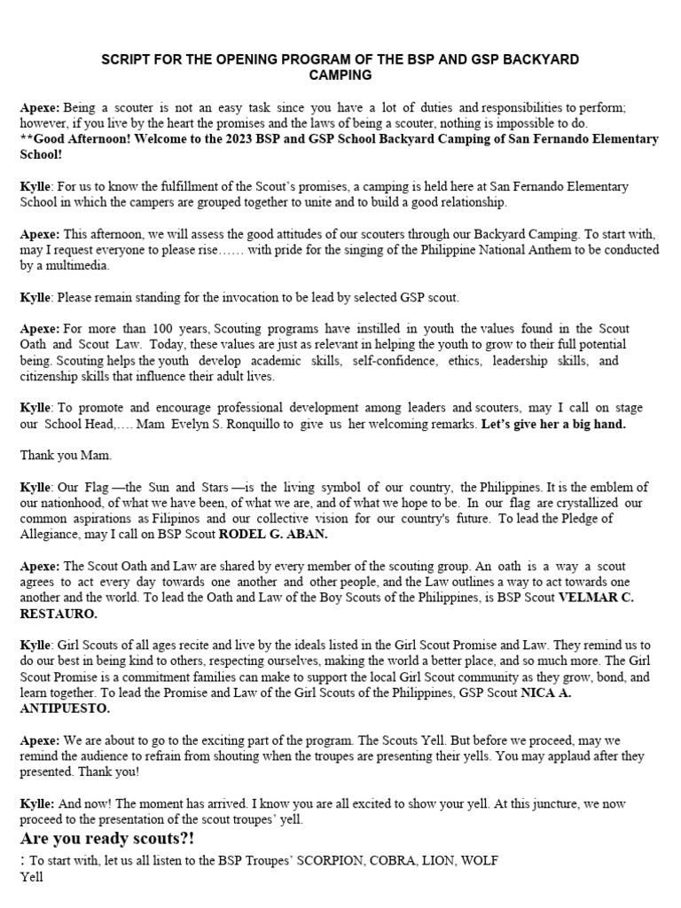 BSP and GSP Backyard Camping Opening | PDF | Scouting | Outdoor Recreation Organizations