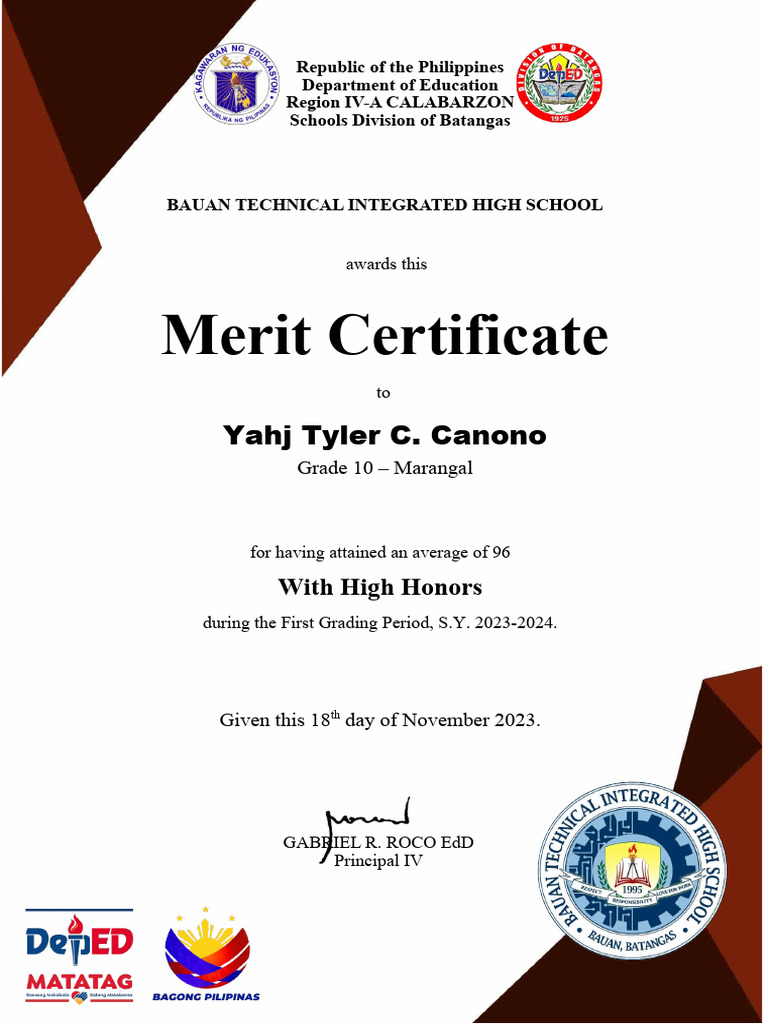 Merit Certificates for Academic Excellence | PDF | Philippines ...