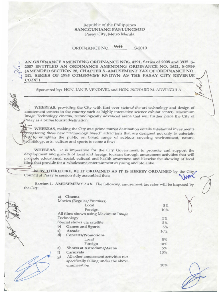 Amended Section 28, Chapter 8 - Amusement Tax of Ordinance No. 241, Series of 1993 Otherwise ...