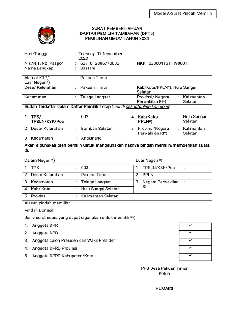 Model A-Surat Pindah Memilih | PDF