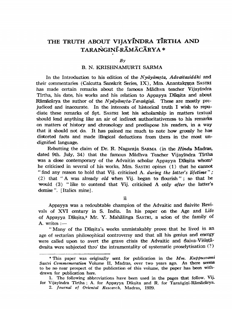 The Truth of Vijayindra Tirtha and Tarangini Ramacharya DR BNK Sharma | PDF