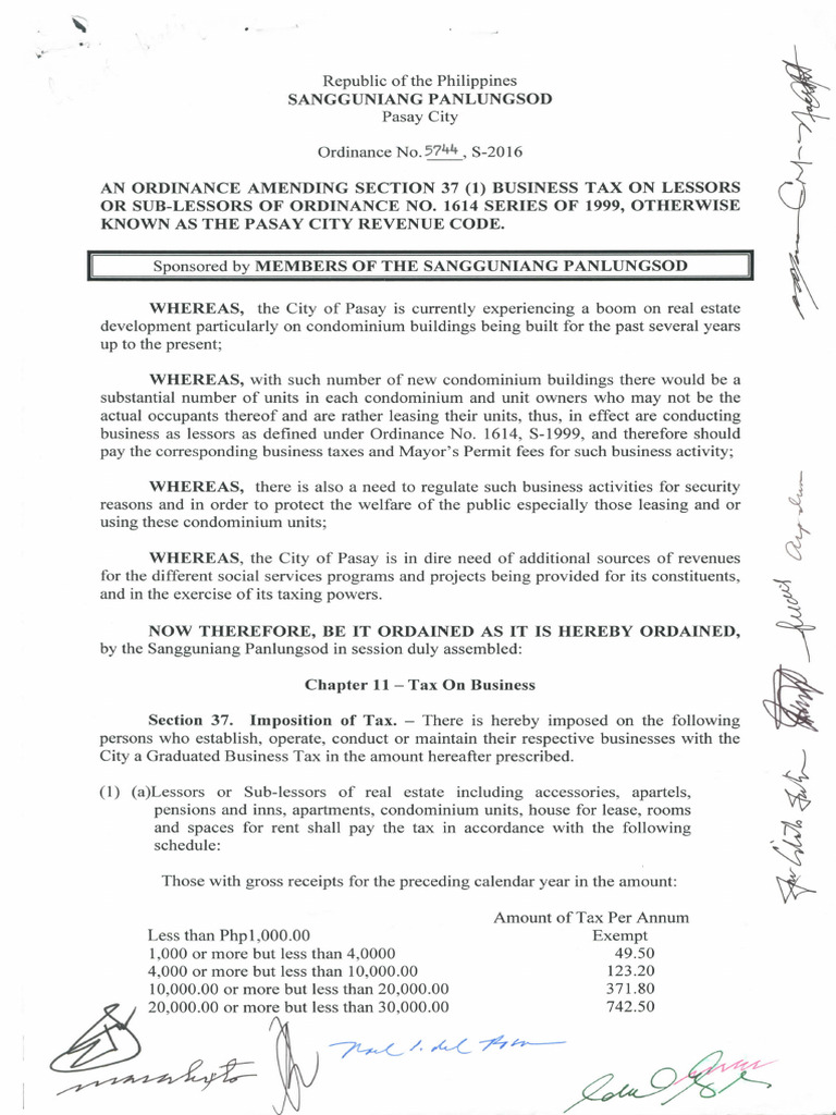 An Ordinance Amending Section 37 (1) Business Tax On Lessors or Sub ... An Ordinance Amending Section 37 (1) Business Tax On Lessors or Sub ...