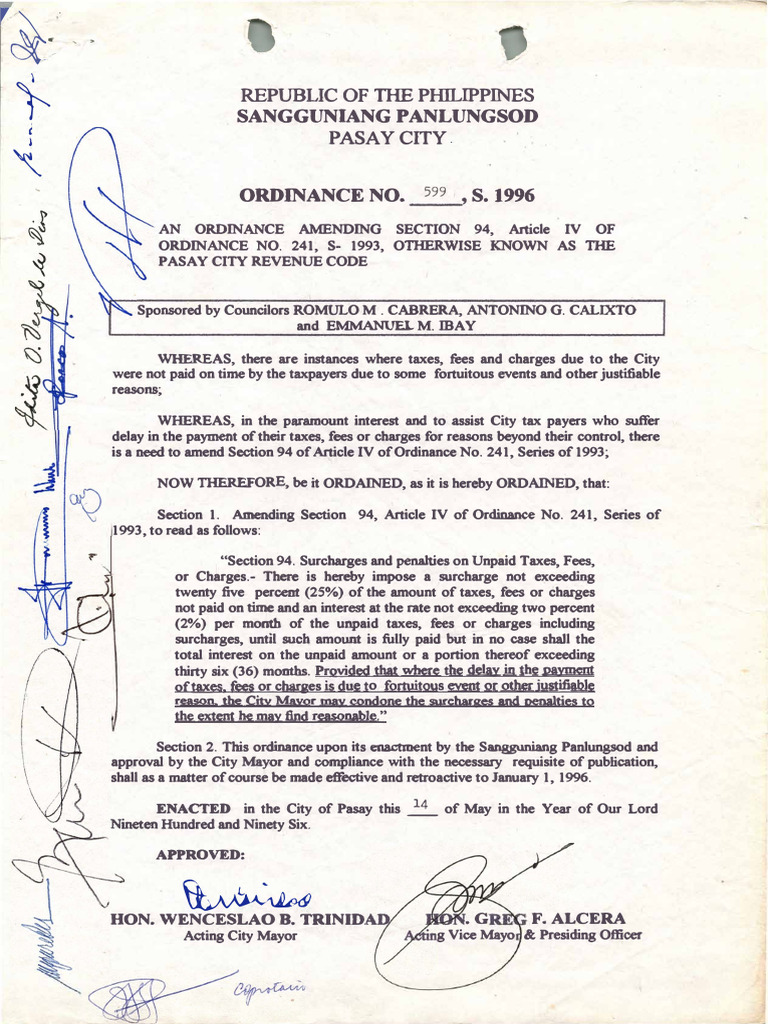 An Ordinance Amending Section 94, Article Iv of Ordinance No. 241, S ... An Ordinance Amending Section 94, Article Iv of Ordinance No. 241, S ...