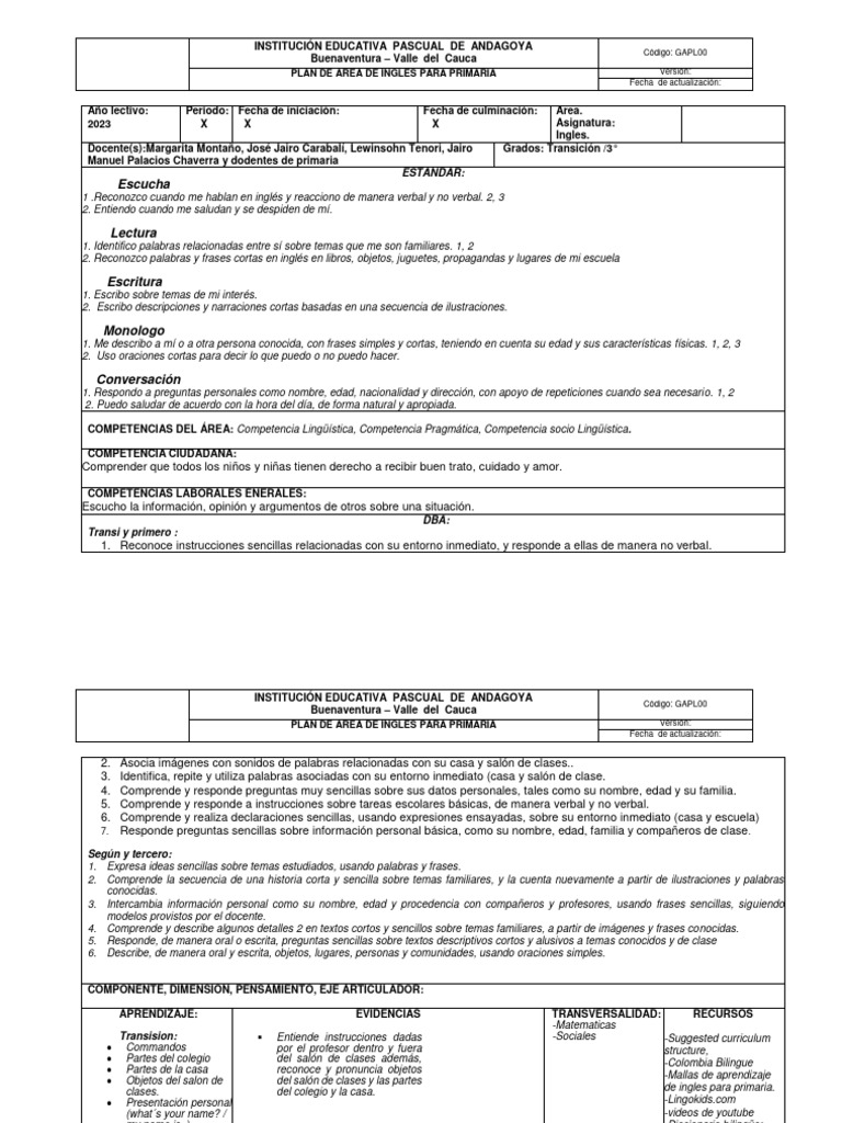 Planeacion de Ingles Trans, Hasta 3ro | PDF | Ciencia cognitiva ...