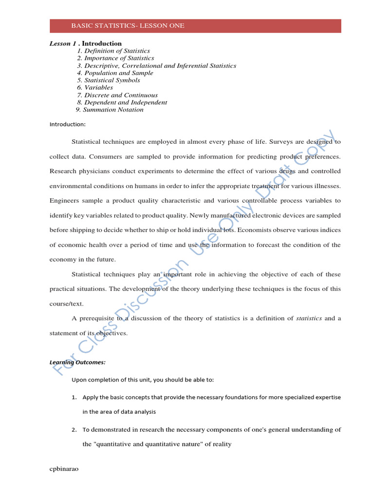 Lesson 1 Basic Statistics | PDF | Level Of Measurement | Statistics