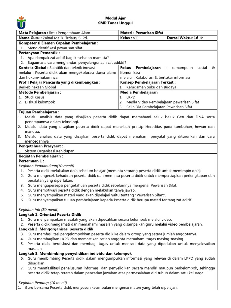 2023-2024 Modul Ajar Pewarisan Sifat | PDF