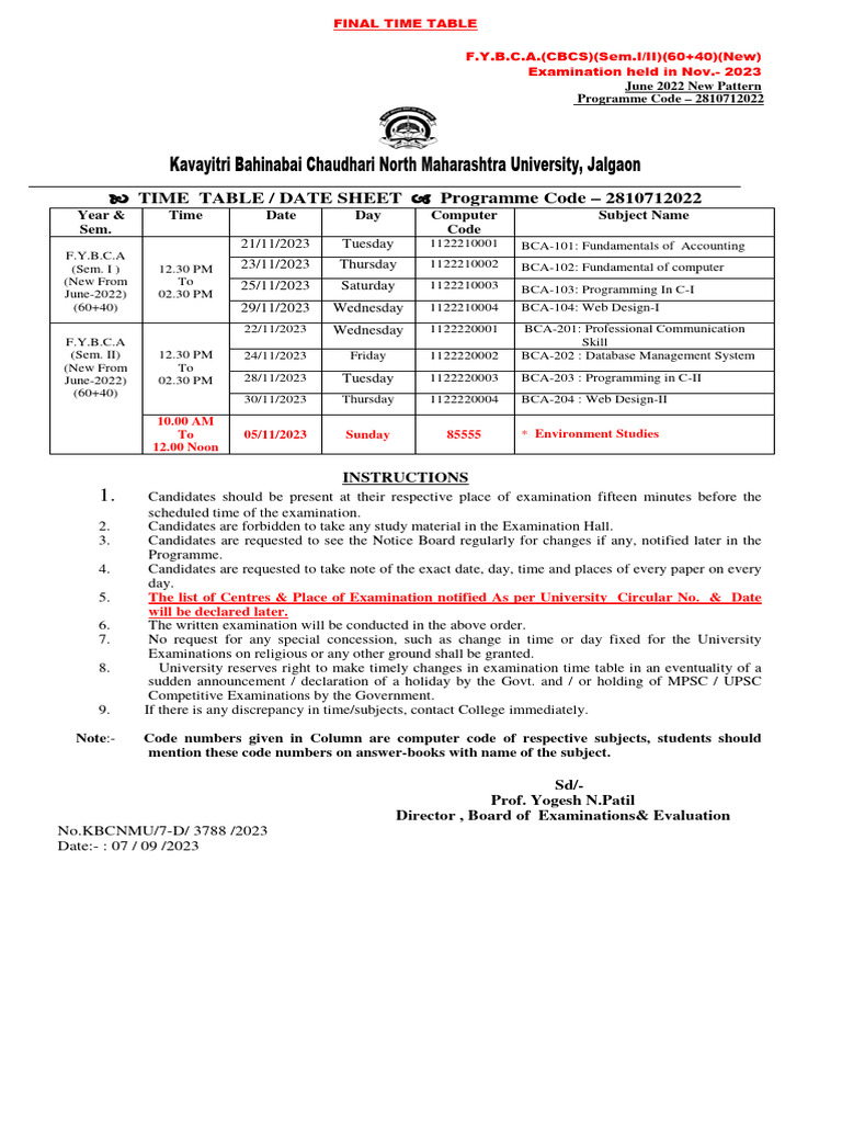 Final Time Table of FY-SY-TYBCA (Sem-I To VI) (NEW) EXAM. Held in Nov ...