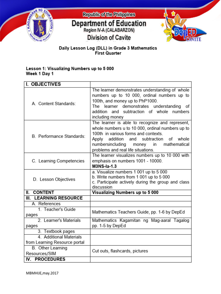 MATHEMATICS 3 WEEK 1 Day 1 DLL | PDF
