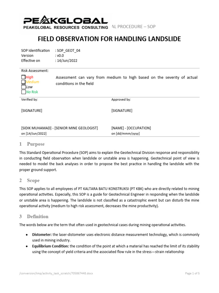 SOP - GEOT - 04 v0.0 FIELD OBSERVATION FOR HANDLING LANDSLIDE | PDF ...