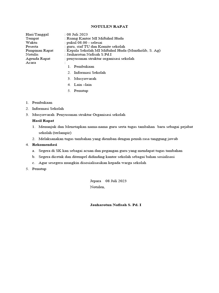 Notulen Rapat Penyusunan Struktur Organisasi Sekolah Pdf