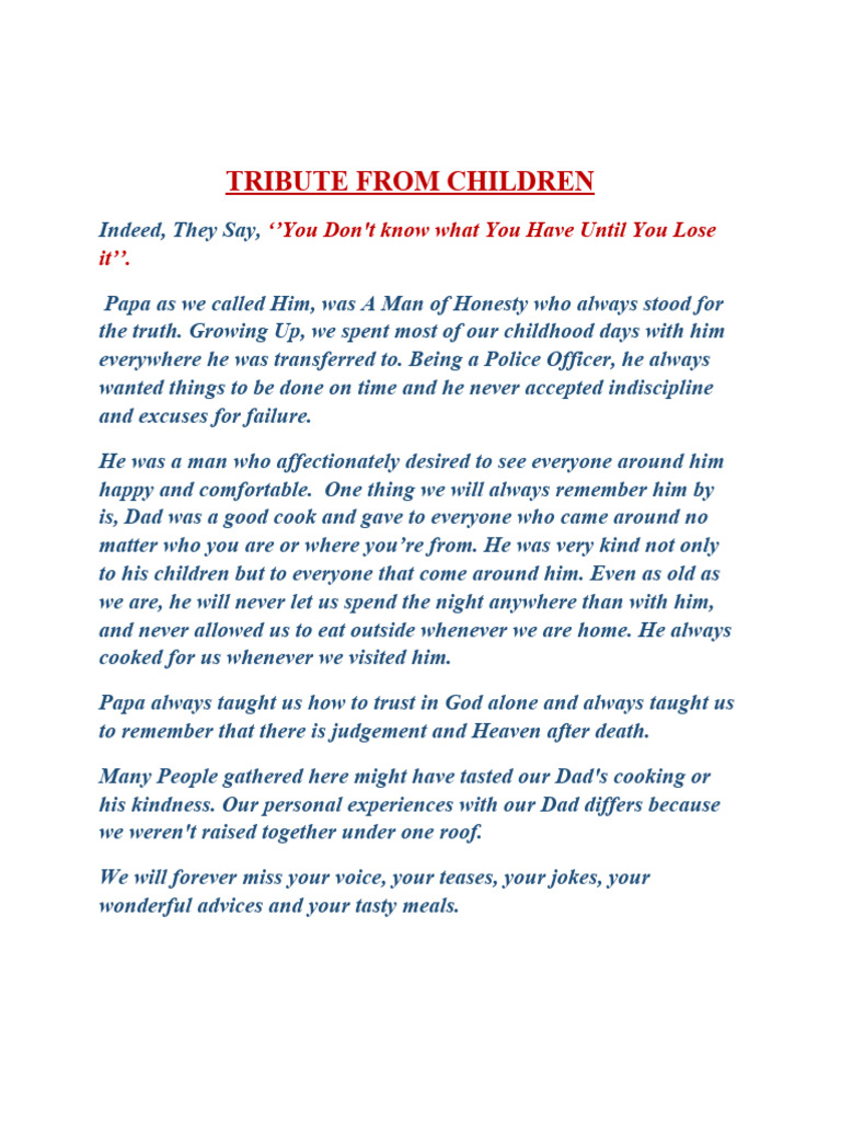 Tribute from Children to Their Father | PDF